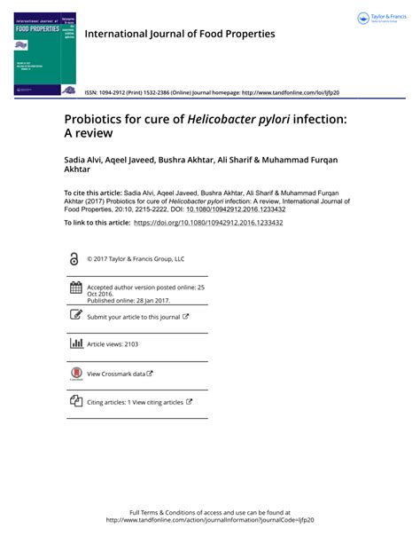 Pdf Probiotics For Cure Of Helicobacter Pylori Infection A Review