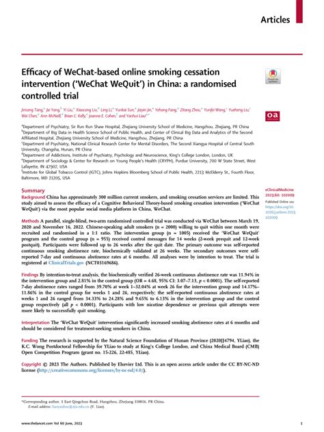 Pdf Efficacy Of Wechat Based Online Smoking Cessation Intervention Wechat Wequit In China