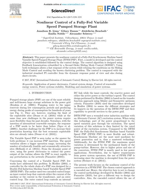 Pdf Nonlinear Control Of A Fully Fed Variable Speed Pumped Storage Plant