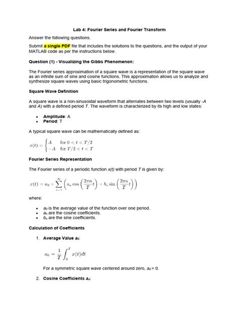 Lab 4 Fourier Series And Fourier Transform Pdf Fourier Series Waves