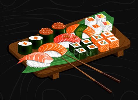 Ilustración Vectorial De Una Red De Sushi Japonés Bandeja Con Rollos