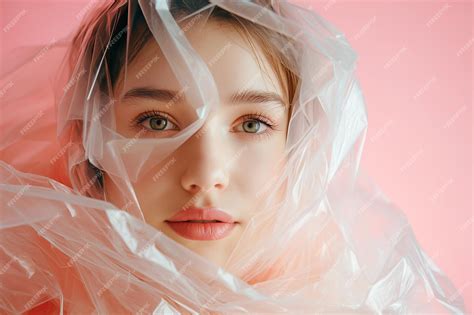 Premium Photo Young Woman Wrapped In Polyethylene Ecology Concept