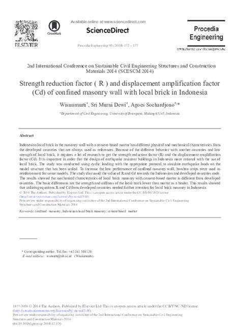 Strength Reduction Factor R And Displacement Amplification Factor Cd Of Confined Masonry