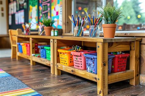 Premium Photo A Row Of Colorful Writing Implements On A Wooden Table