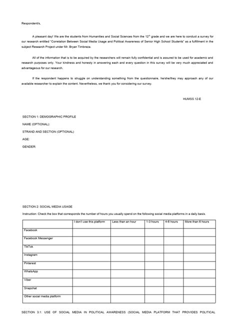 Survey For Quantitative Research About Social Media Usage And Political
