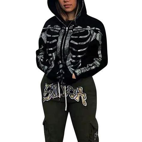 Women Y2k Zip Up Hoodie Skeleton Rhinestone Hooded Sweatshirt Vintage
