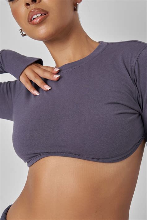 Long Sleeve Underbust Crop Top Dark Grey Kaiia