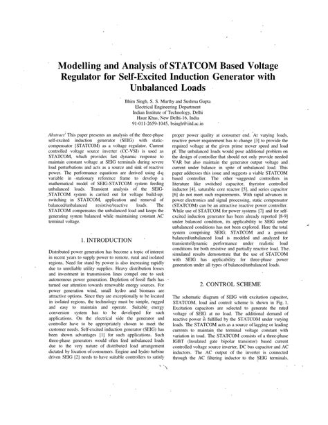Pdf Modelling And Analysis Of Statcom Based Voltage Regulator For Self Excited Induction