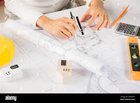 Architectural Project Workplace Architect Drawing With Divider Compass