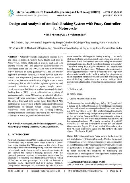 Irjet Design And Analysis Of Antilock Braking System With Fuzzy Controller For Motorcycle Pdf