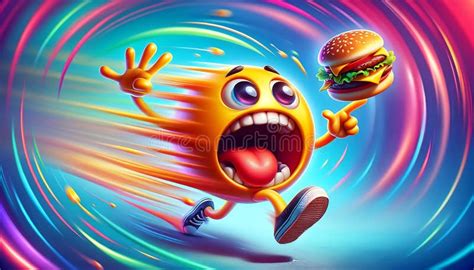 Hungry Emoticon Chasing A Floating Hamburger Stock Illustration