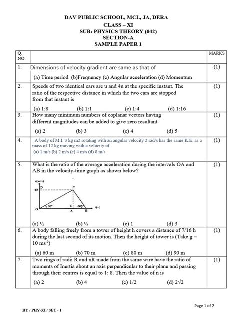 Class Xi Physics Sample Paper Pdf Force Newtons Laws Of Motion