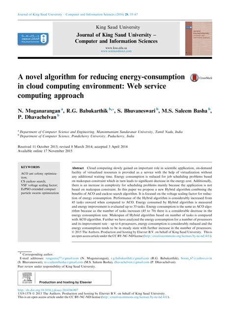 Pdf A Novel Algorithm For Reducing Energy Consumption In Cloud Computing Environment Web