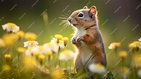 Premium Ai Image Cute Squirrel And Small Flowers In The Jungle At Evening