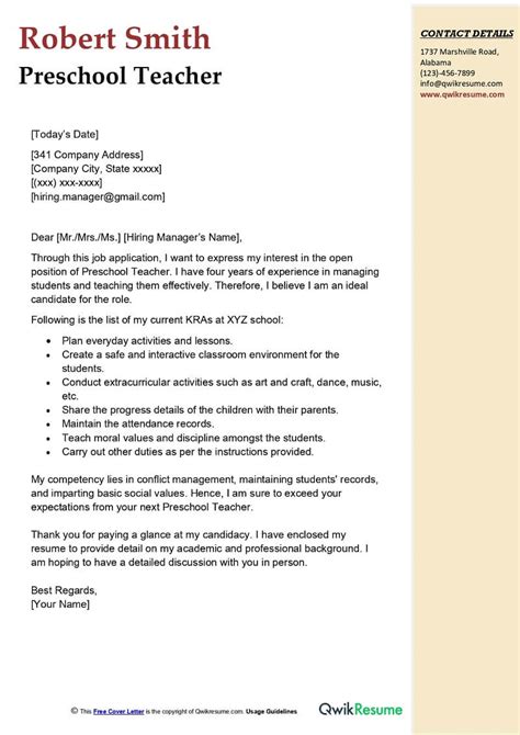 Stunning Info About Preschool Teacher Cover Letter Examples Simple