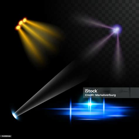 벡터 광원 콘서트 조명 무대 조명 세트 빔 웹 디자인 일러스트 레이 션에 대 한 조명된 스포트 라이트 스포트 라이트 콘서트 0명에 대한 스톡 벡터 아트 및 기타 이미지