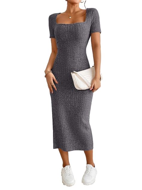 Casual Plain Fitted Dress Square Neck Black Women Dresses