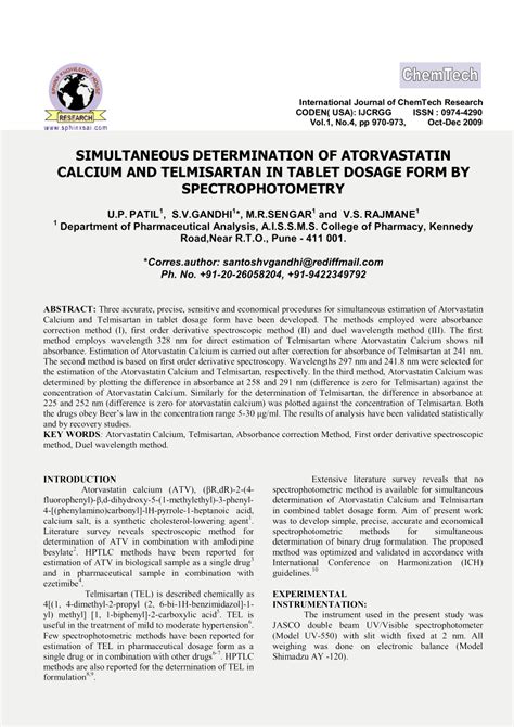Pdf Simultaneous Determination Of Atorvastatin Calcium And Telmisartan In Tablet Dosage Form