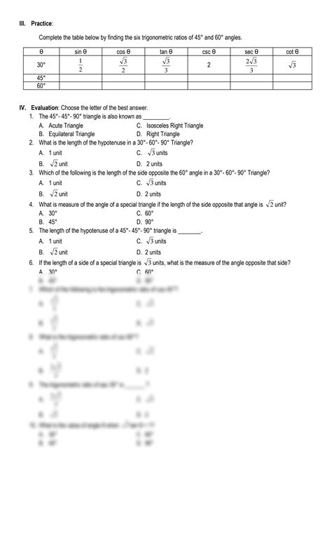 Solution Trigonometry Special Triangles And Trig Ratios Of Special