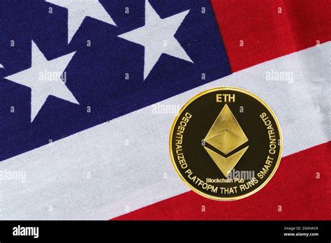 Crypto Currency Concept Gold Ethereum Coin On Flag Of United States Of