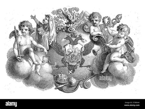 Putti Around A Crowned Coat Of Arms Simon Fokke 1744 Four Putti Sit On Clouds Surrounding A