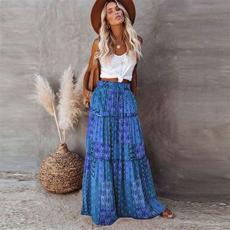 Summer High Waist Long Printed A Line Skirt Floral Skirt Women Casual