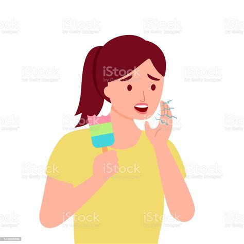 민감한 치아와 손으로 아이스크림을 평평한 디자인으로 들고있는 여성 치과 문제 개념 벡터 일러스트레이션 냉동식품에 대한 스톡 벡터
