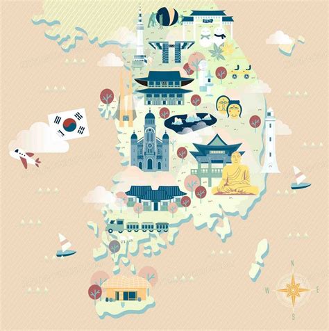 手绘矢量旅游韩国青瓦台景点地图海报背景背景图片素材免费下载熊猫办公