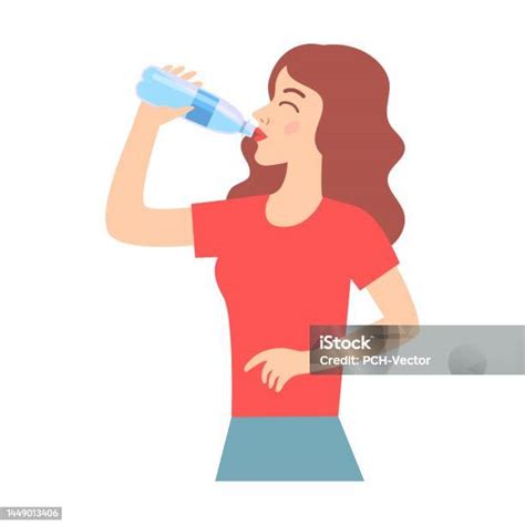 여자는 병에서 물을 마시고 갈증을 해소합니다 고통 만화 그림의 다른 유형입니다 피로 배고픔 갈증 현기증을 느끼는 소녀 고립 건강