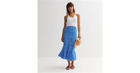 Cameo Rose Blue Ditsy Print Peplum Midi Skirt New Look