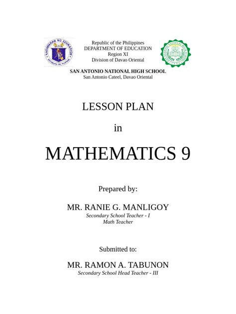 Mathematics 9 Lesson Plan Quadratic Equations Pdf Quadratic