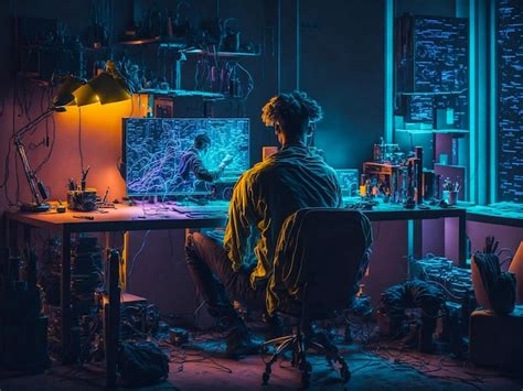 Premium AI Image Babe Doing Coding On His Computer Setup With