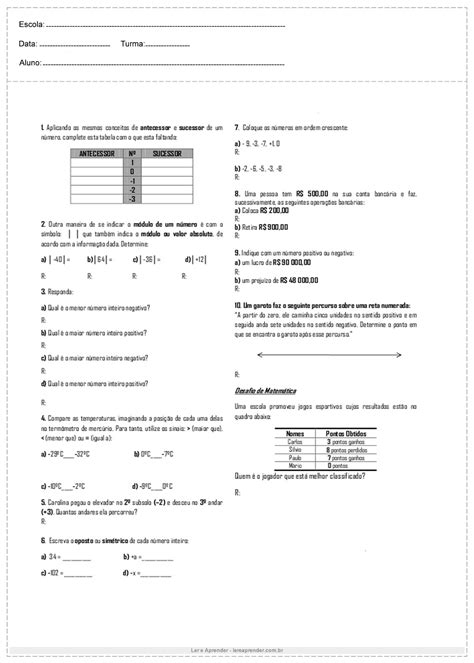 Atividade De Matemática 7°ano Responda Ler E Aprender