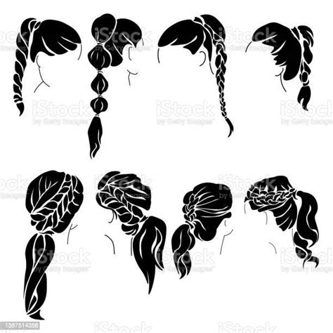 머리띠와 꼬리가 있는 여성 헤어스타일 실루엣 길고 중간 정도의 모발을 위한 세련된 헤어스타일 세트 땋은 머리에 대한 스톡 벡터 아트 및 기타 이미지 Istock