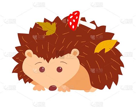 可爱的刺猬，背上有蘑菇和秋天的叶子。卡通风格。向量素材 花瓣网