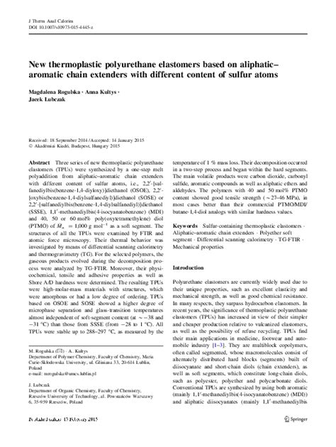 Pdf New Thermoplastic Polyurethane Elastomers Based On Aliphatic Aromatic Chain Extenders With