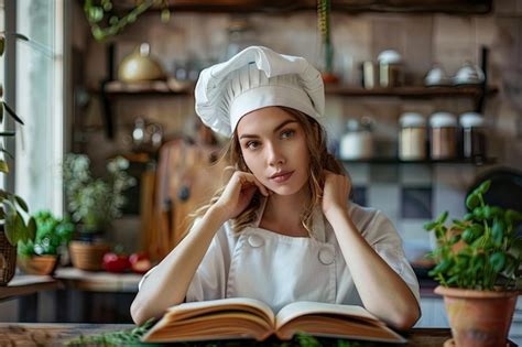 Woman In Chefs Hat Looking At Camera Over The Cookbook Premium Ai