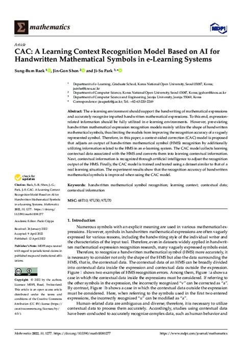 Pdf Cac A Learning Context Recognition Model Based On Ai For Handwritten Mathematical Symbols