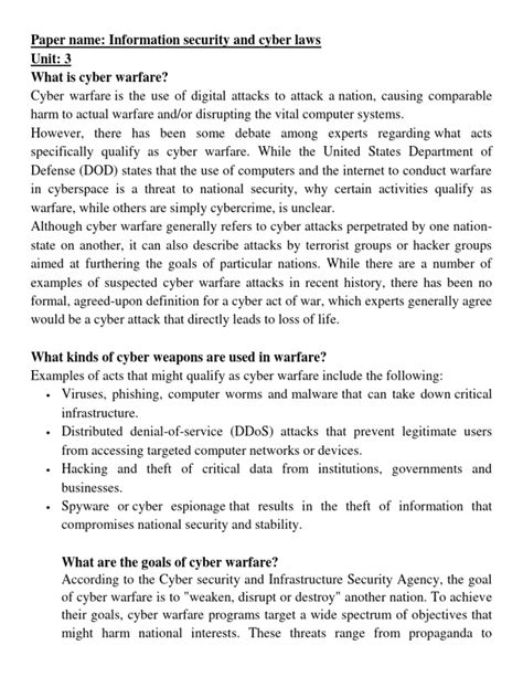 Unit 3 Information Security And Cyber Laws Pdf Cyberwarfare Security