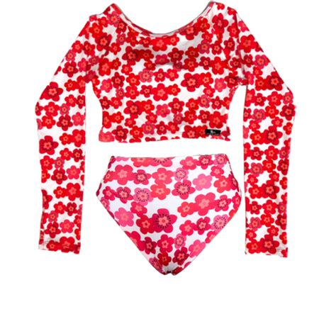 BiquÍni Cropped Manga Longa Hotpantflores Rosa ProteÇÃo Uv
