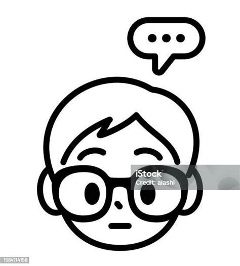 뿔테 안경 미니멀한 스타일 라인 아트 흑백 윤곽선을 가진 무표정한 소년의 귀여운 얼굴 디자인 무의식에 대한 스톡 벡터 아트 및