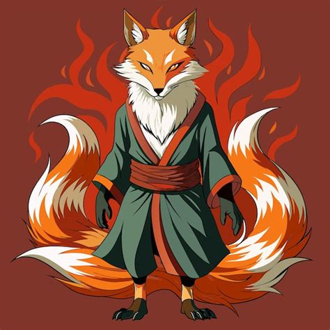 Милый и игривый векторный мультфильм Кицуне Премиум Ai