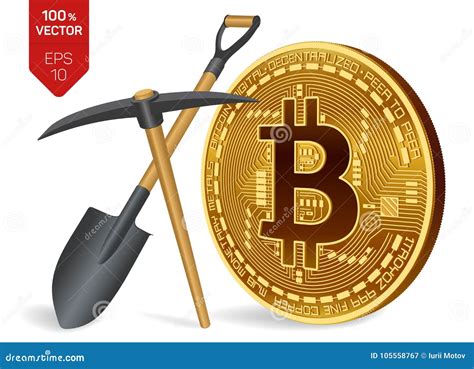 Bitcoin Mining Concept 3d Isometric Physical Bit Coin With Pickaxe And