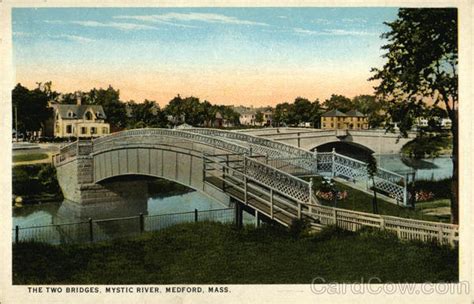 The Two Bridges Mystic River Medford Ma Postcard