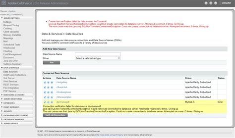 Mysql При создании New Data Source в Coldfusion возникает Could