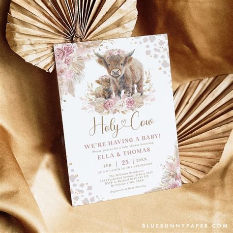 Boho Cow Baby Shower Invitation Girl Highland Cow Pink Pampas Floral