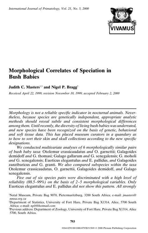 Pdf Morphological Correlates Of Speciation In Bush Babies