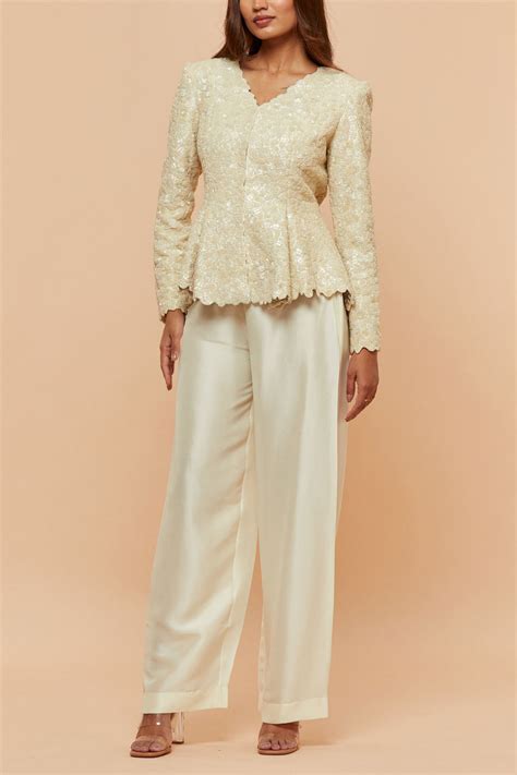 Buy Yellow Sequin Embroidered Peplum Jacket Set By Anamika Khanna At