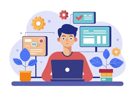Programmer Working On Several Screens Vector Illustration Premium AI