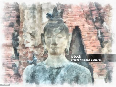 아유타야 세계 문화 유산의 고대 유적의 풍경 수채화 그림 인상파 그림 0명에 대한 스톡 벡터 아트 및 기타 이미지 0명